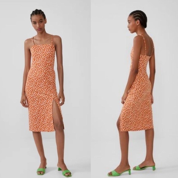 Zara | Dresses | Zara Floral Print Midi Dress Sleeveless Square Neck ...